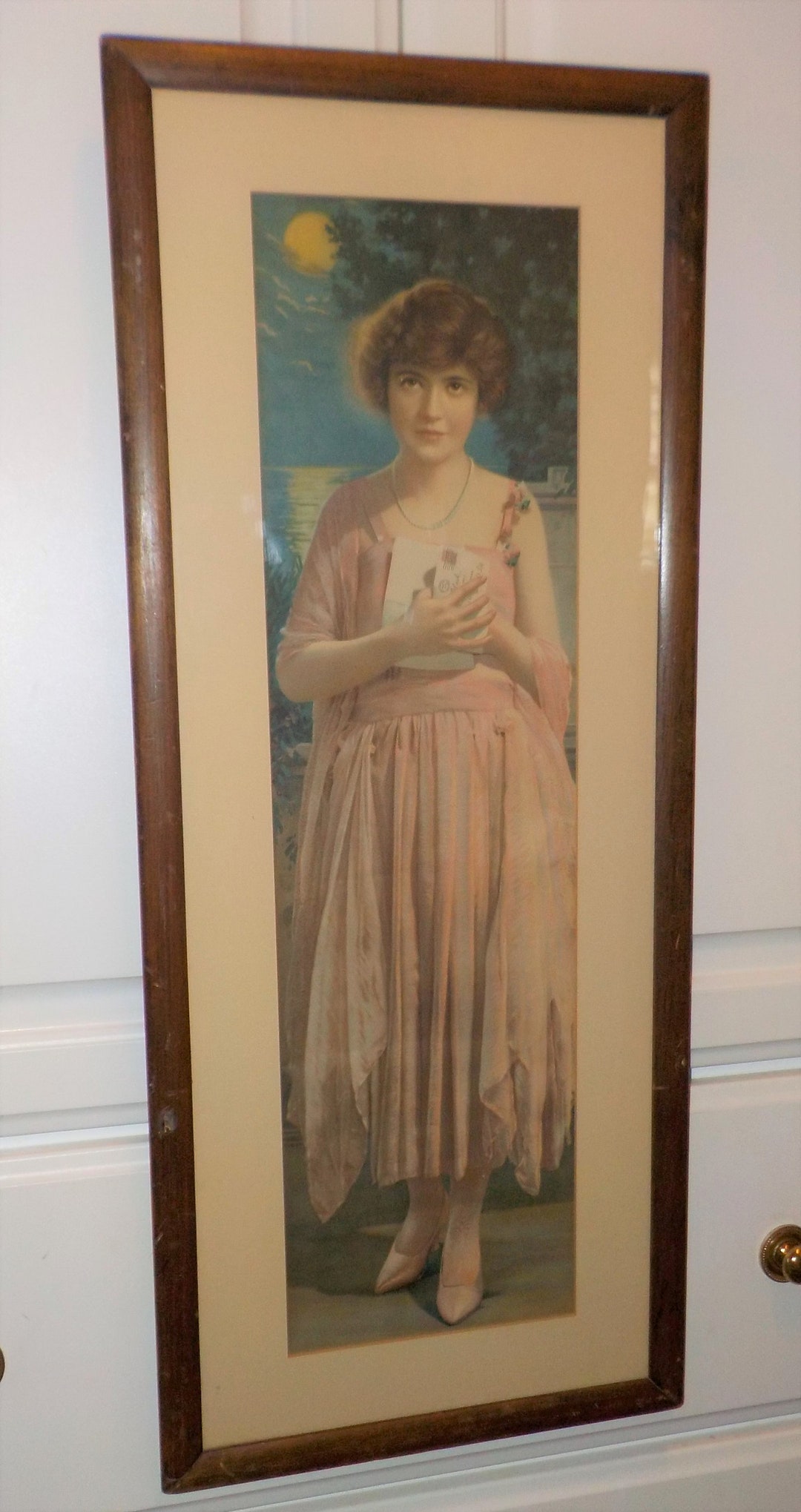 Antique Art DECO, Woman in PINK Dress , ' Absence Cannot Hearts Divide ...