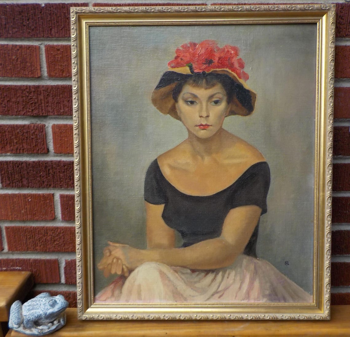 Vintage Midcentury, WOMAN in Floppy Light RED Flowers Hat, Black Top ...