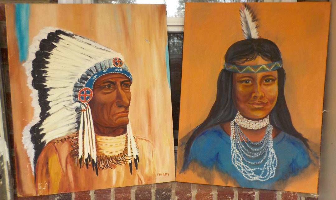 Midcentury Native American, INDIAN CHIEF & Girl in Blue ,folk Art Naive ...