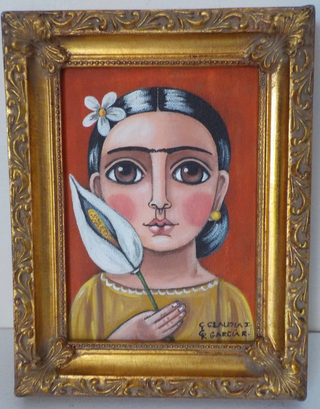 Original FRIDA KAHLO Girl W/ Calla LILY Flower, Mexican Folk Art ...