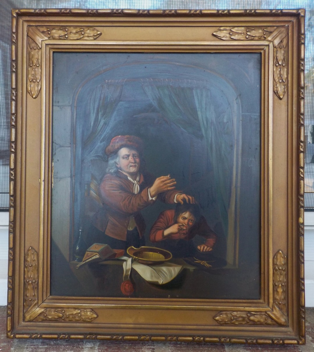 Antique MEDIEVAL DENTISTRY Dentist Pulling Tooth Middle Ages Dutch Oil ...