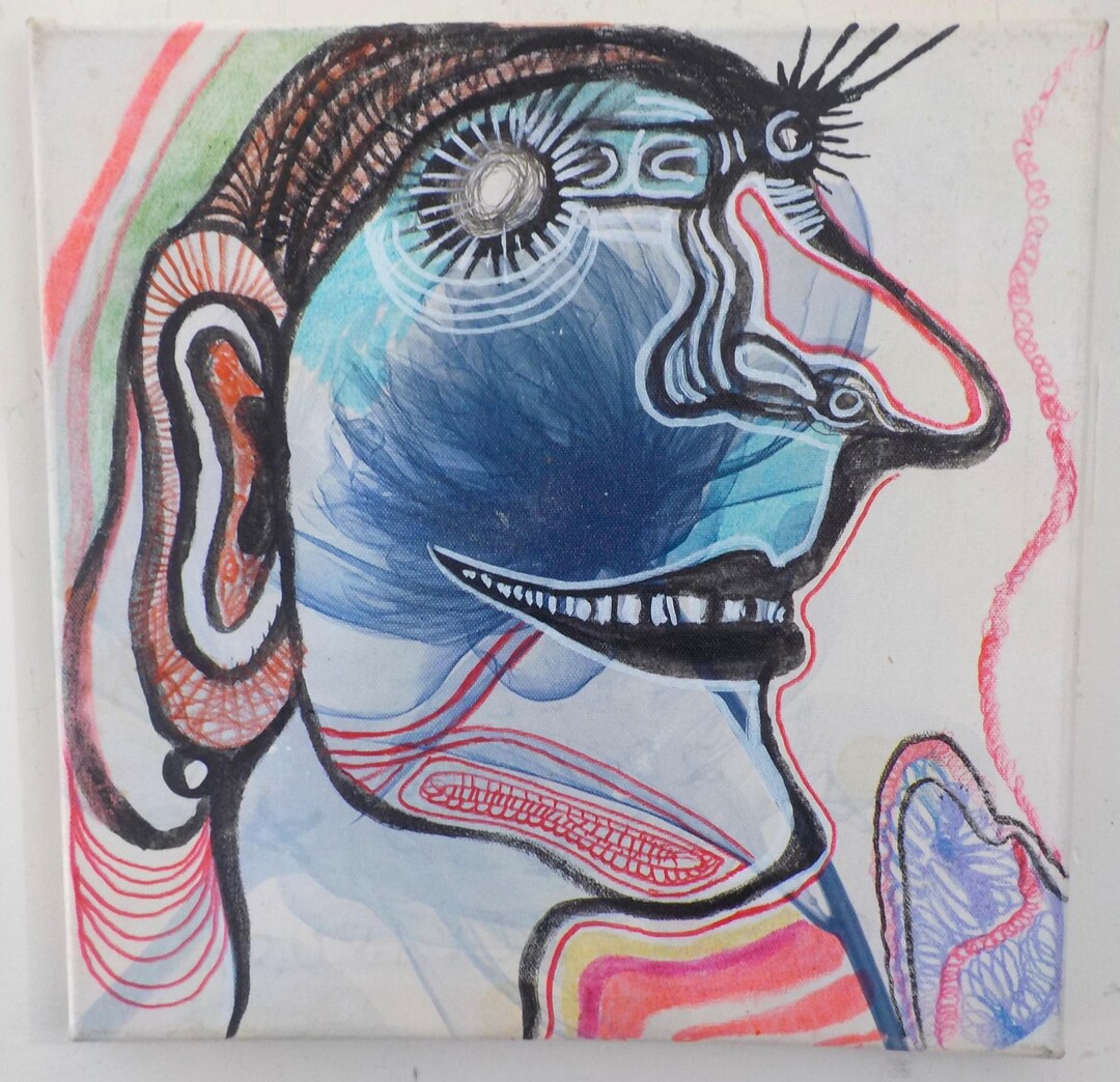 Outsider Art , CRAZY Bill HOLLIS , Psychedelic Abstract FACE, Picasso Style, Original Acrylic ...