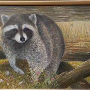 Original RACCOON, up Against the Fence , Landscape Acrylic PAINTING, Framed by Fred Weiser , 22 ...