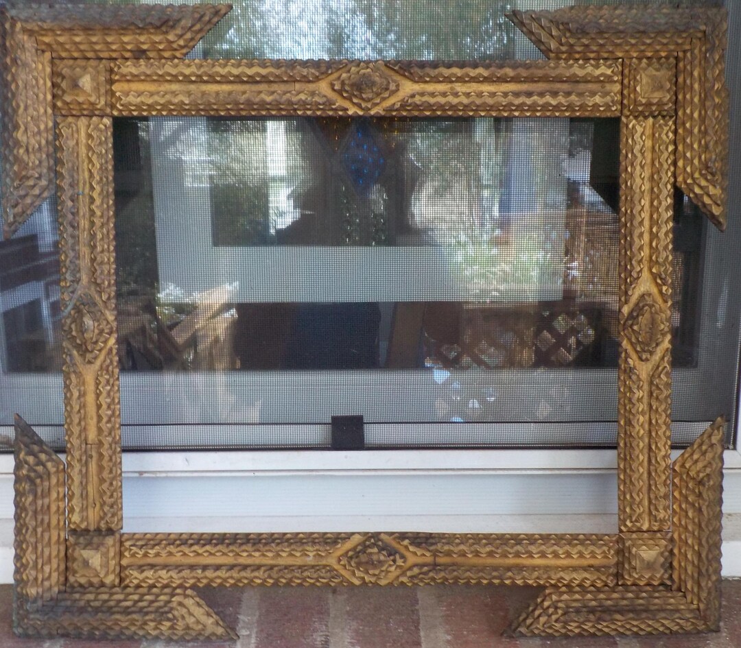 Antique TRAMP Art, Chipped Wood , Old GOLD Paint, FOLK Picture Frame ...