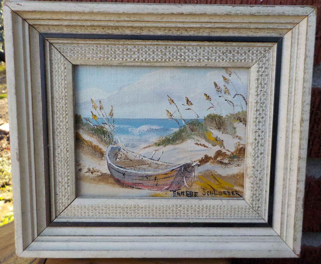 Vintage MINIATURE, Southern SEASCAPE Beach Dunes Dinghy Boat, Small Oil ...