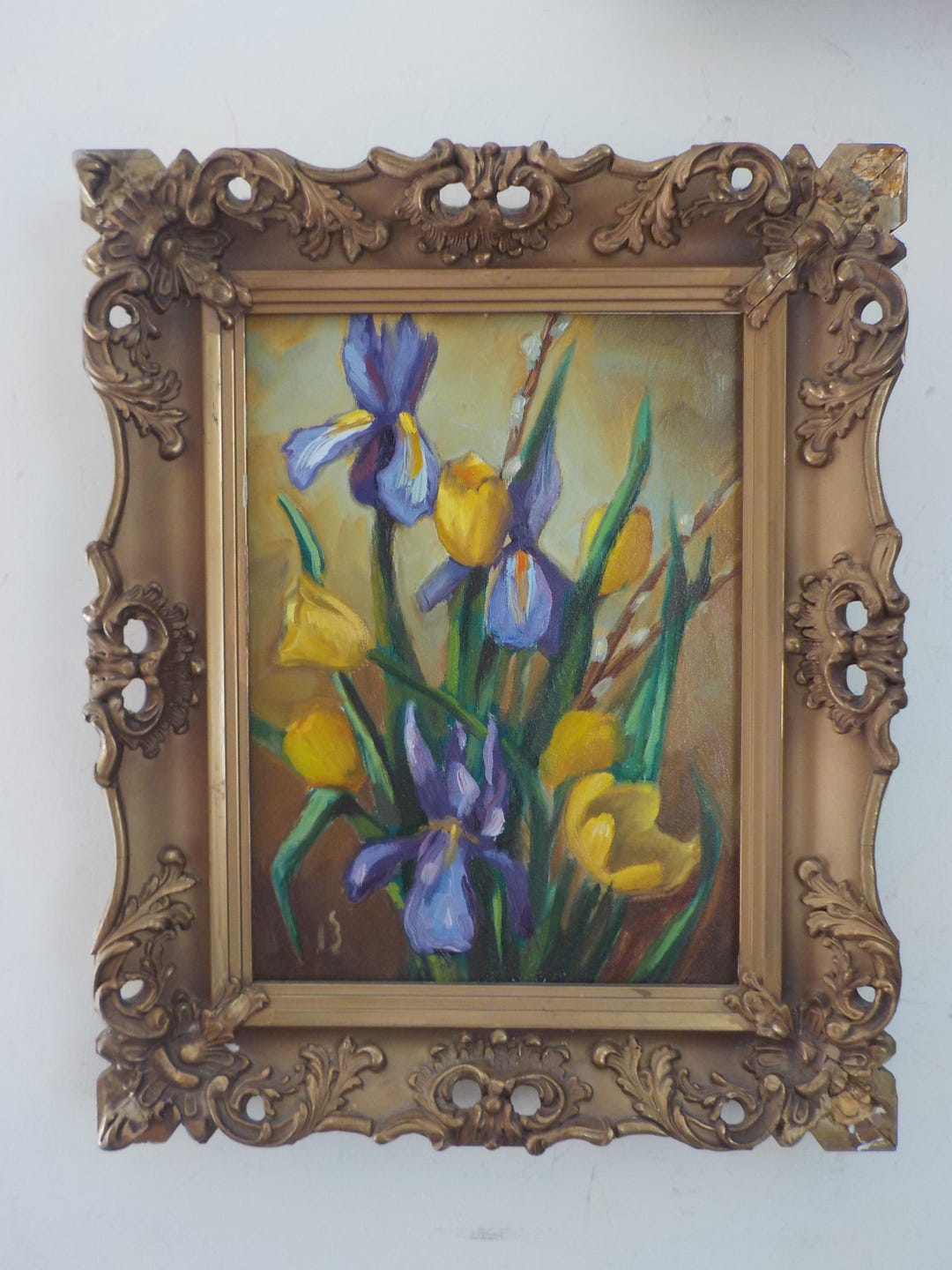 Original Impressionist IRIS Purple & Yellow FLOWERS, Painting in Shabby ...