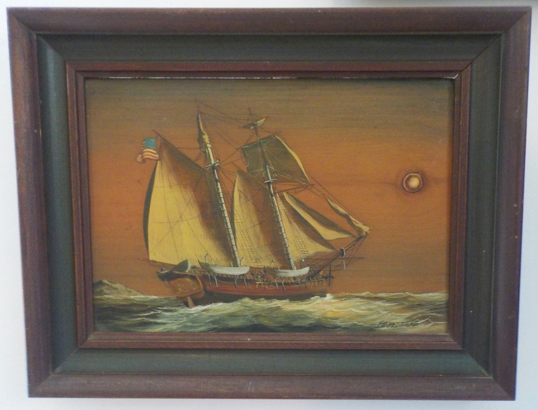 Vintage American Nautical Clipper SHIP, Ocean Engraved & Painted WOOD ...