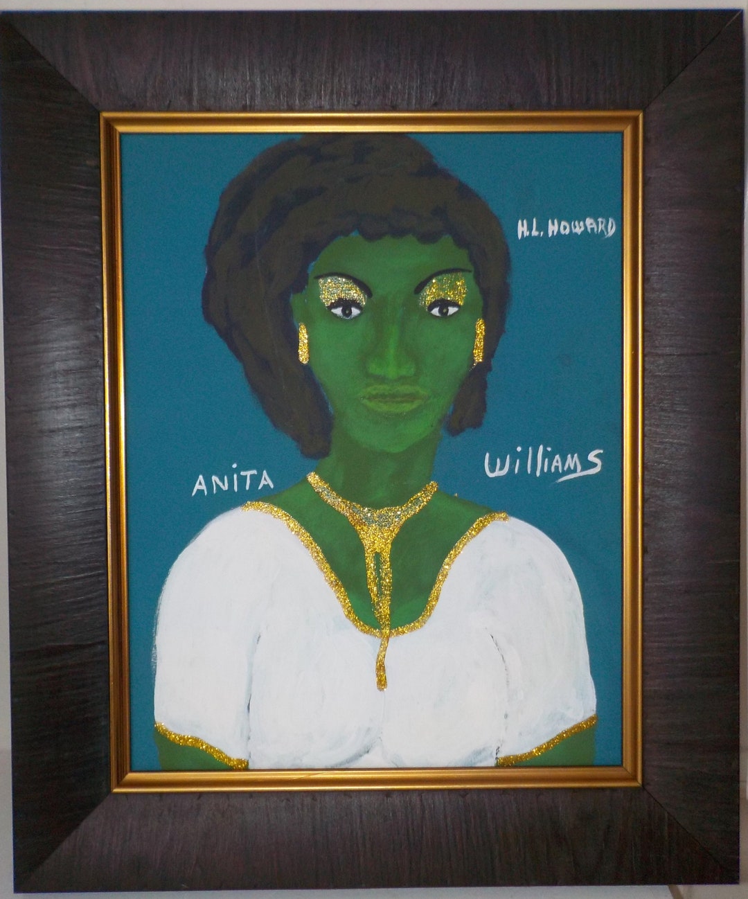 Original Outsider Art, AFRICAN American Green Skin WOMAN in White Dress ...
