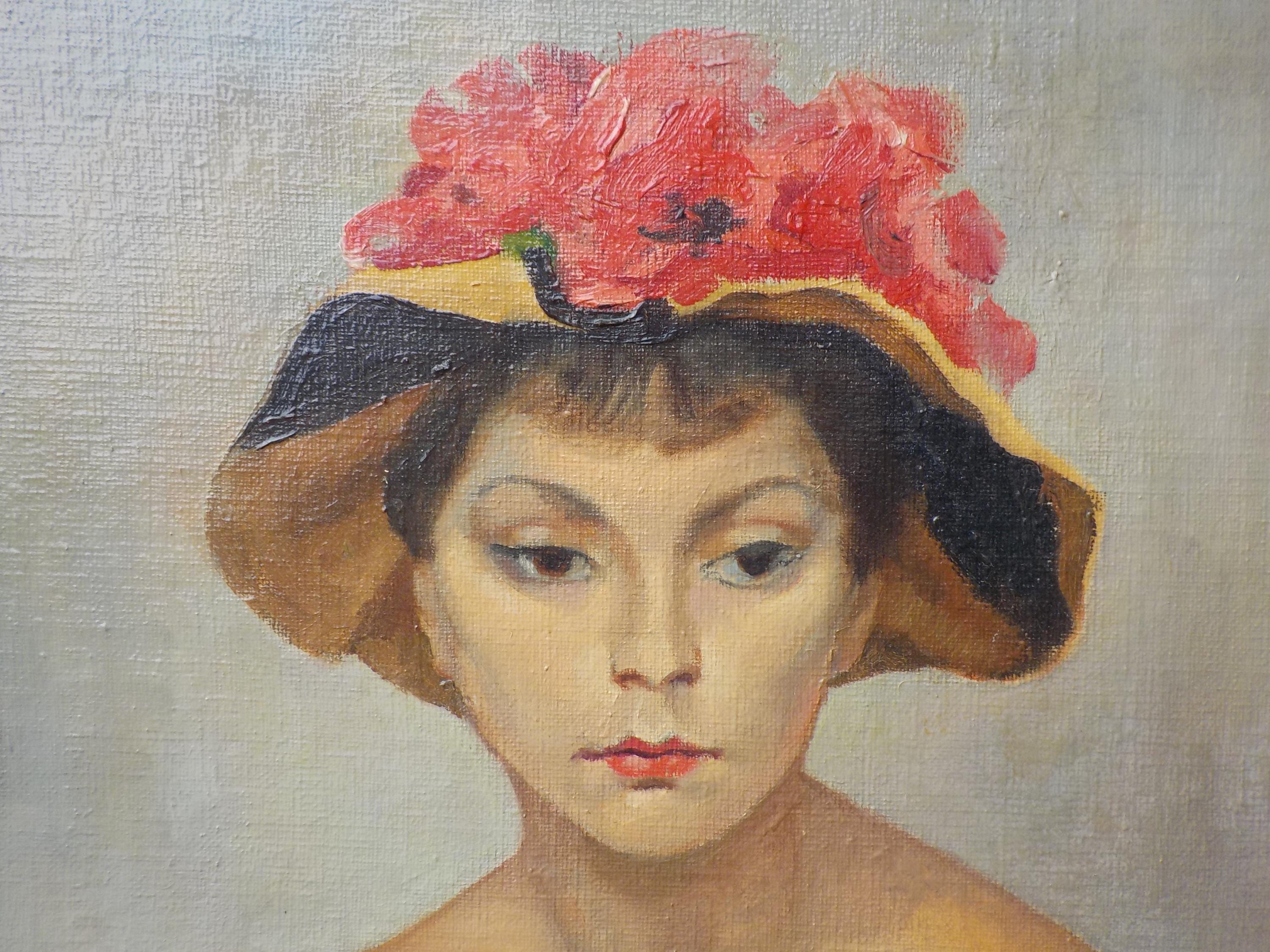 Vintage Midcentury, WOMAN in Floppy Light RED Flowers Hat, Black Top ...