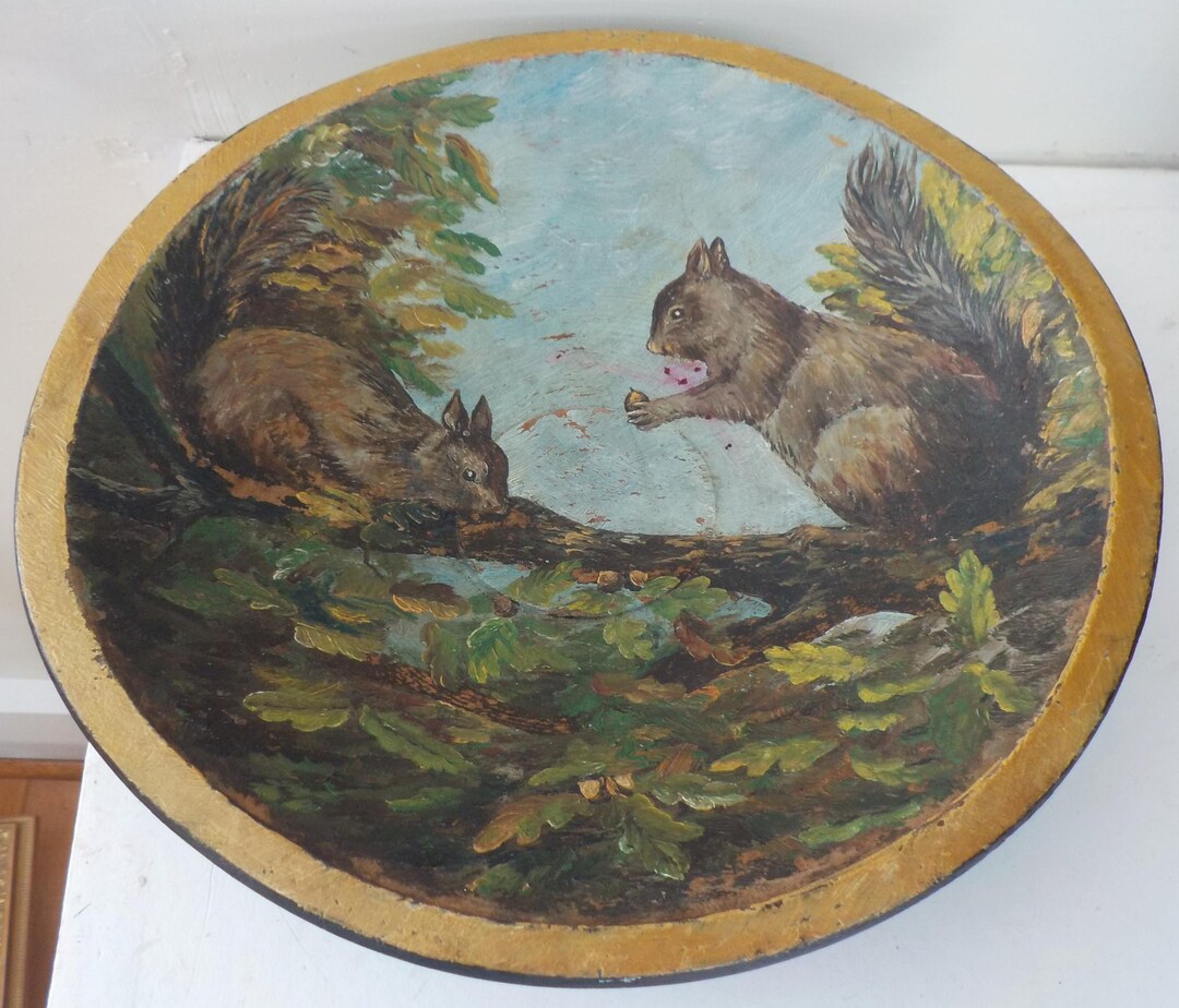 Vintage FOLK Art , Naive SQUIRRELS in Oak Tree Acorns, Hand-painted on ...
