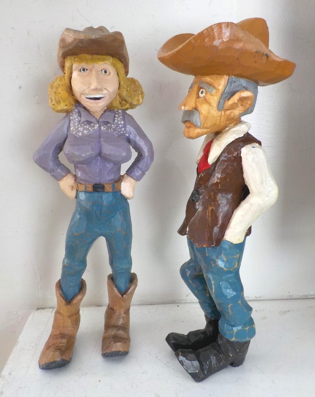Vintage Folk Art Busty COWGIRL, Bow-legged COWBOY, Hand-carved ...