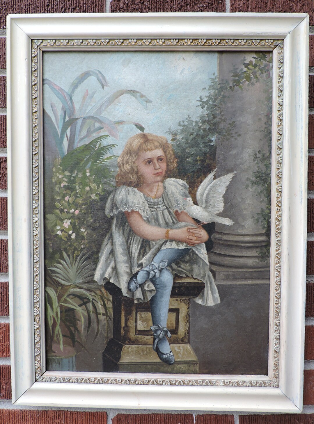 Antique VICTORIAN Oil Painting GIRL w/ White DOVE in Garden | Etsy