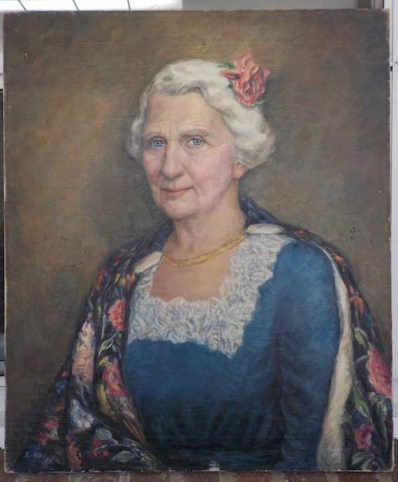 Vintage Art DECO Beautiful Older WOMAN Gray Hair Floral Shawl | Etsy