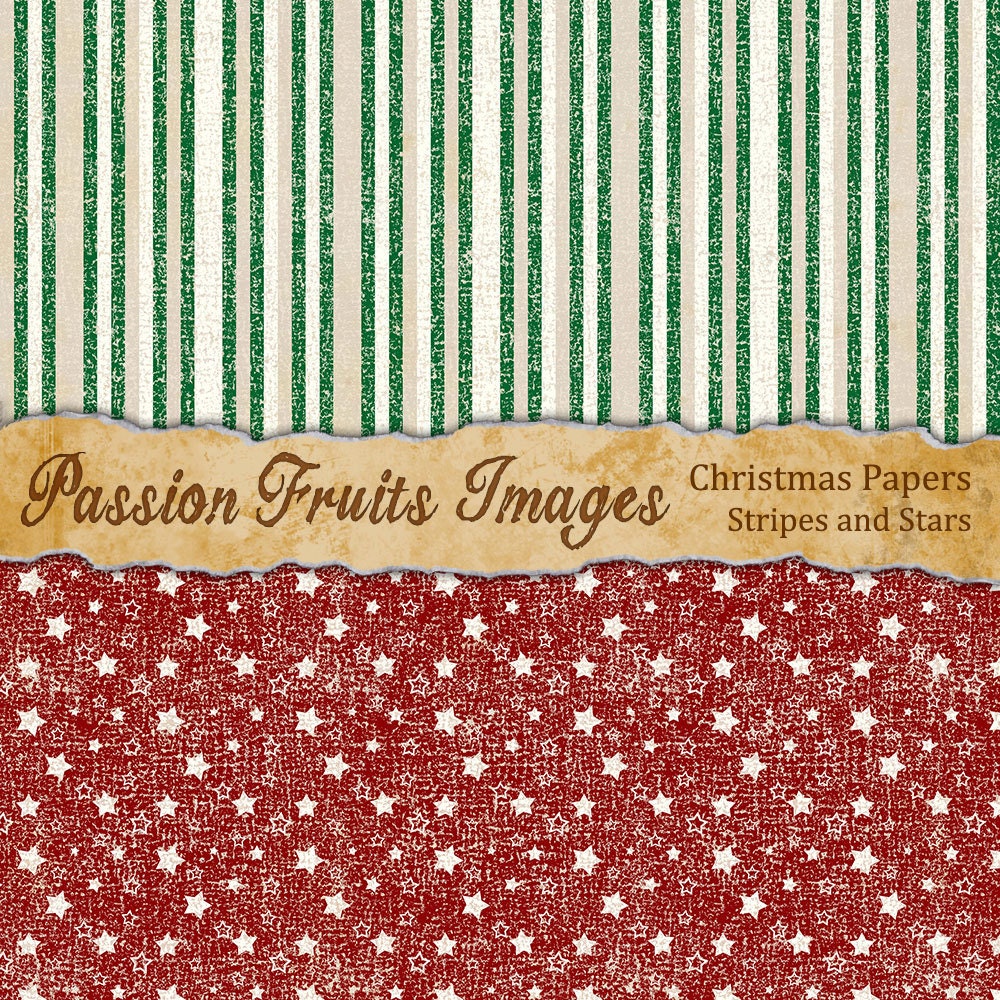 Shabby Chic Christmas Digital Papers- Block Printed Stripes and Stars ...