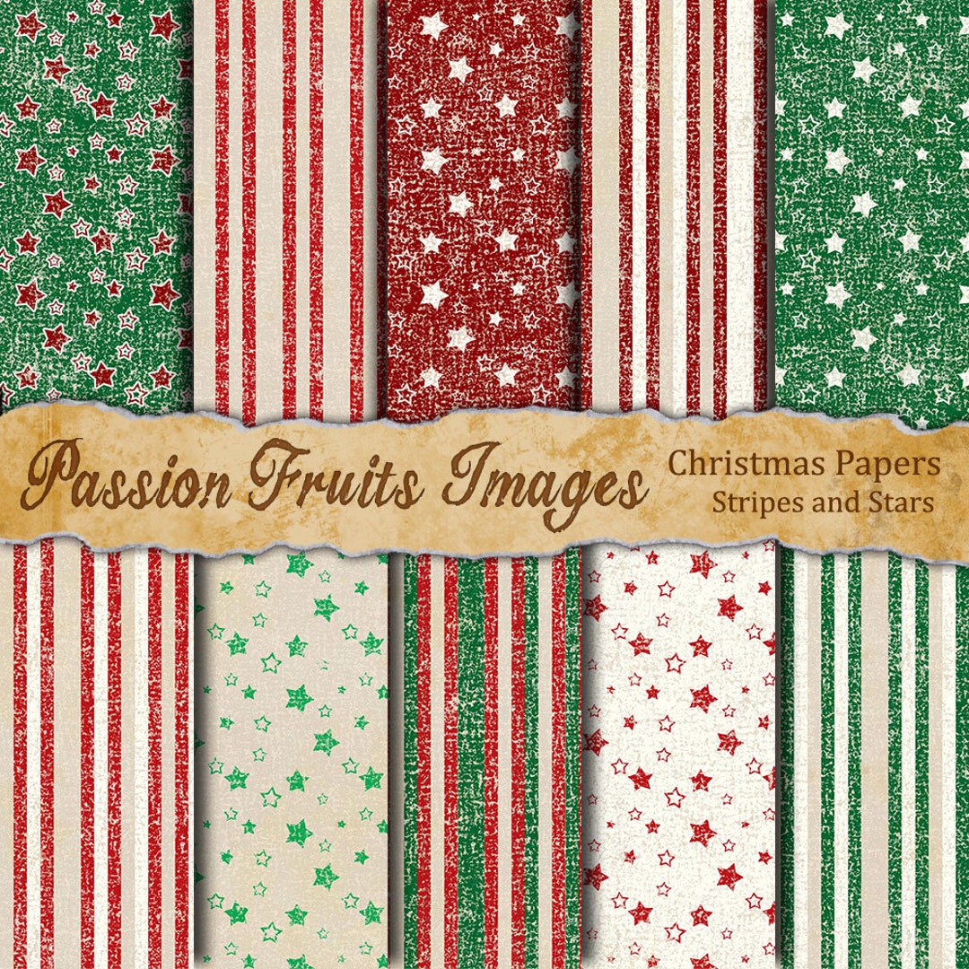 Shabby Chic Christmas Digital Papers- Block Printed Stripes and Stars ...