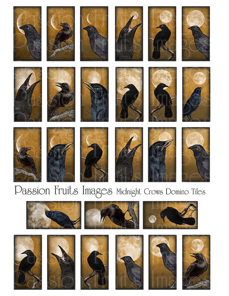 Moonlit Crows on Orange Digital Collage Sheet- 1" X 2" Domino Tile ...