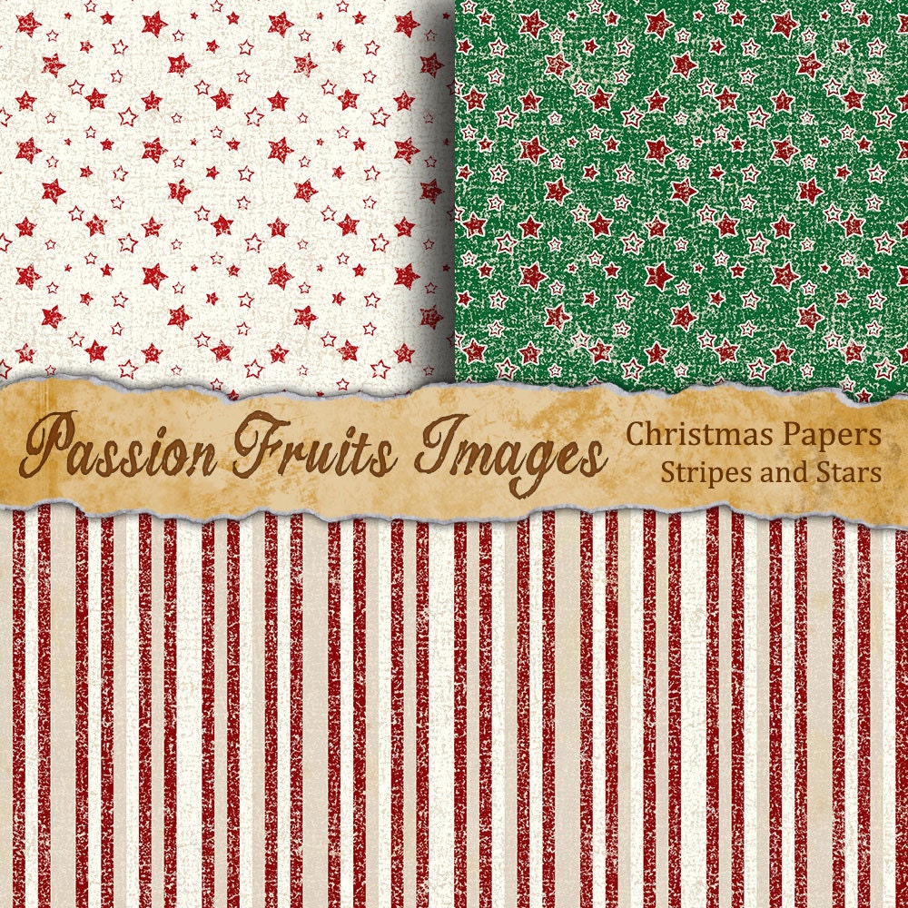 Shabby Chic Christmas Digital Papers- Block Printed Stripes and Stars ...