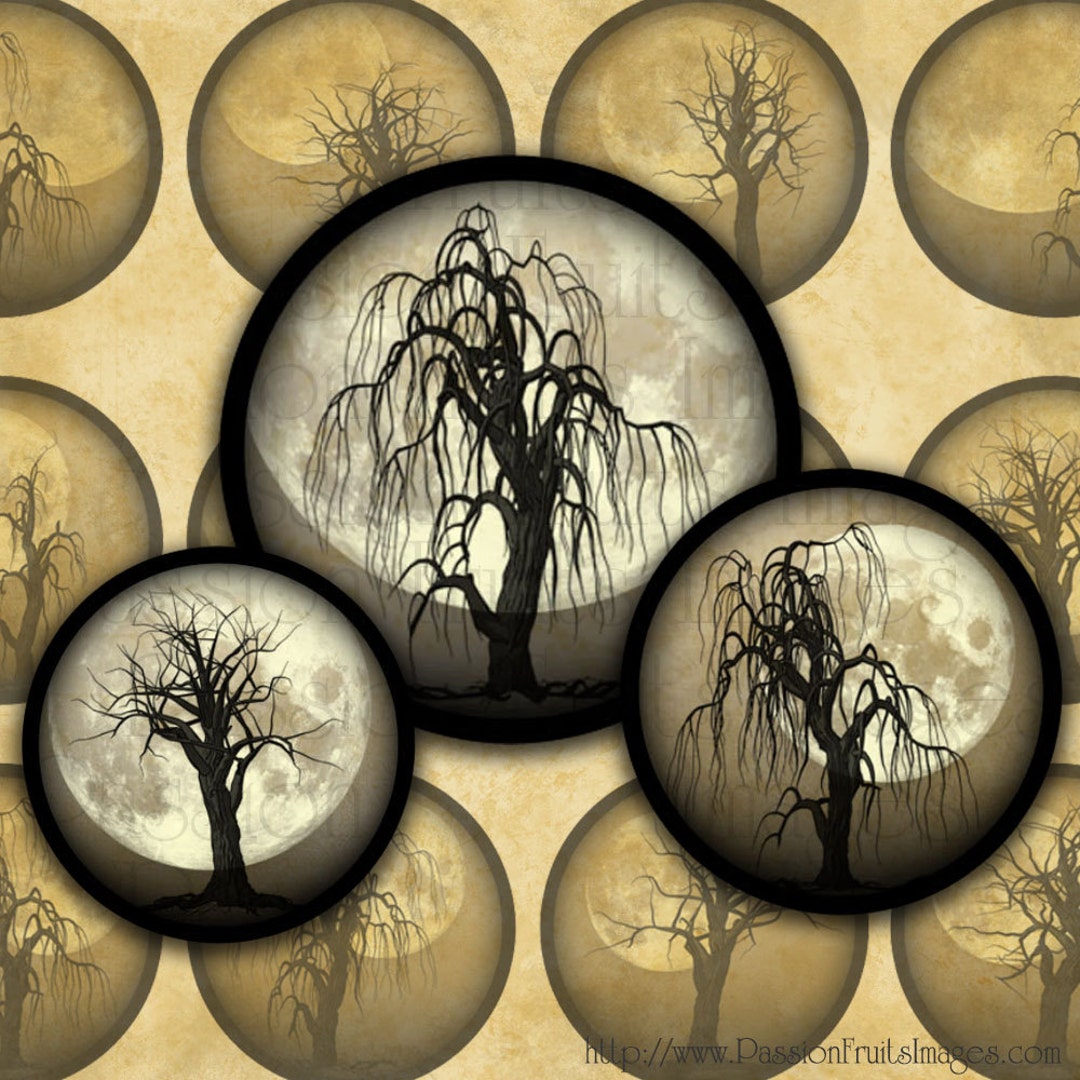Dead Trees and Full Moons on Newsprint Grey Halloween Digital Collage ...