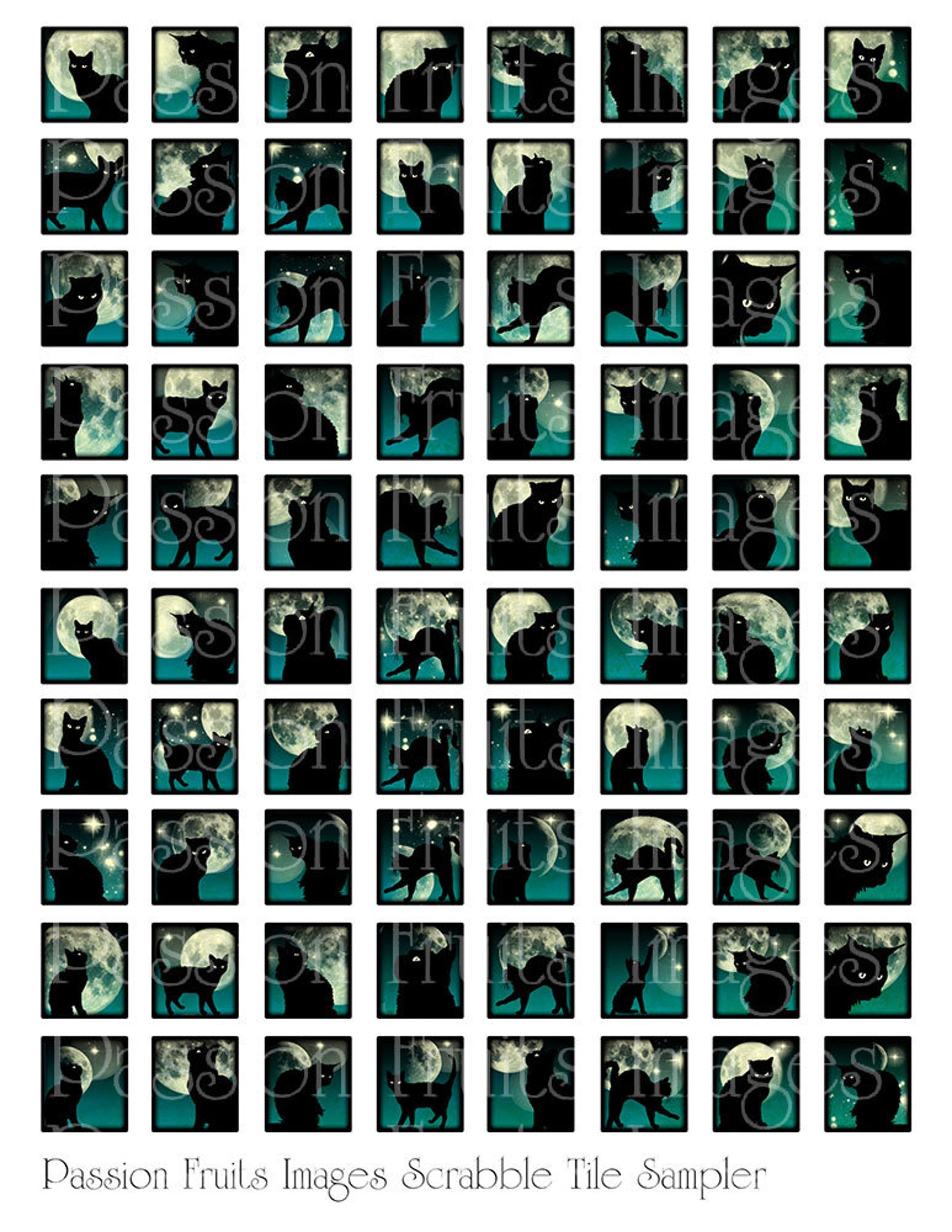Black Cat on Teal Moonlit Skies .83" X .75" Scrabble Tile Images ...