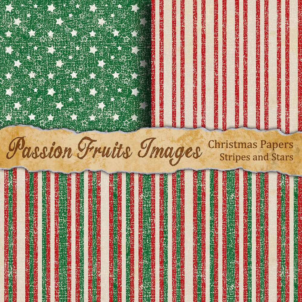 Shabby Chic Christmas Digital Papers- Block Printed Stripes and Stars ...