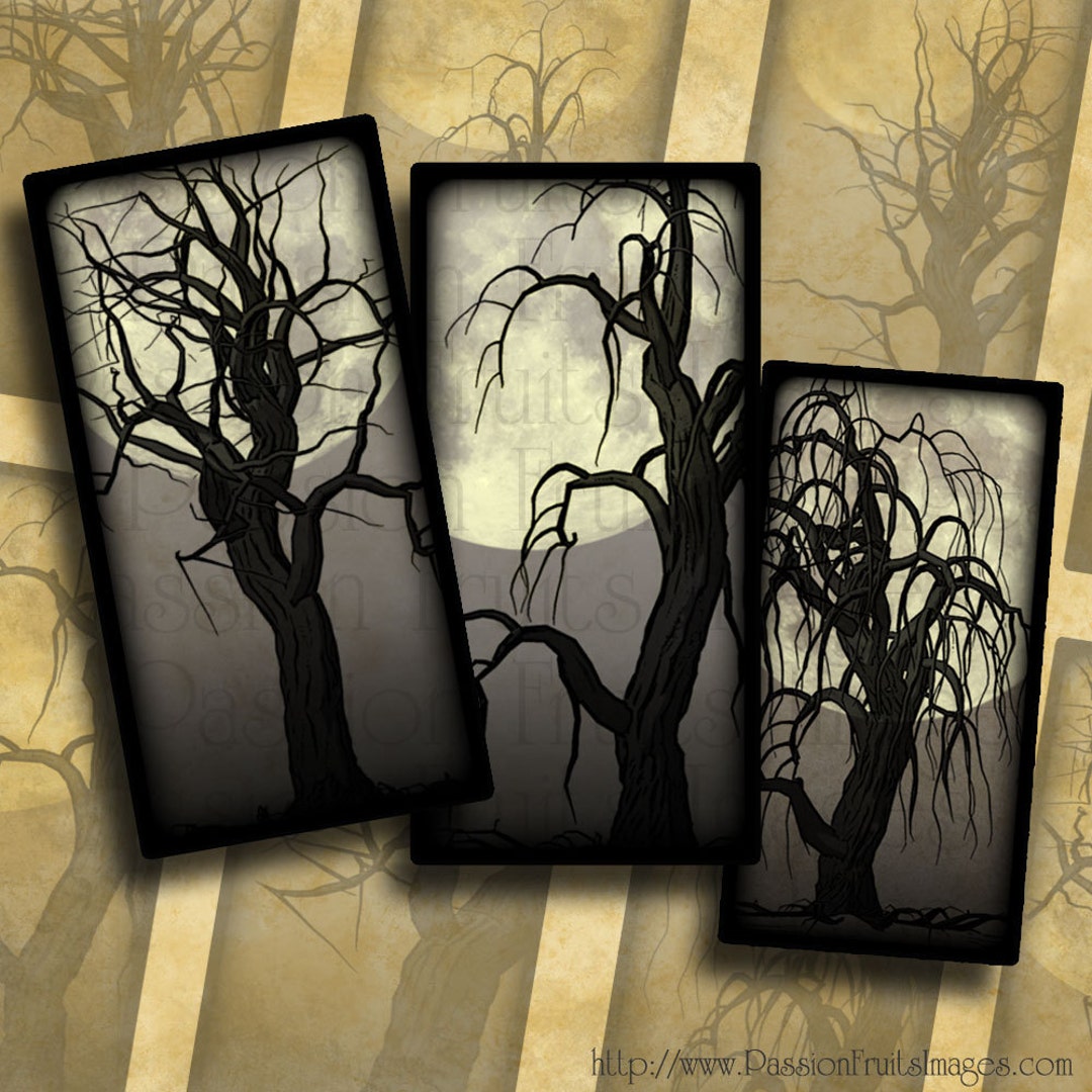 Dead Trees and Full Moons on Grey-- Halloween Digital Collage Sheet 1x2 ...
