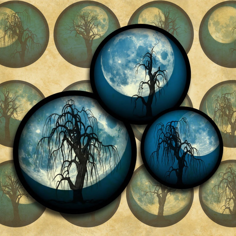 Dead Trees and Full Moons on Blue Halloween Digital Collage Sheet ...
