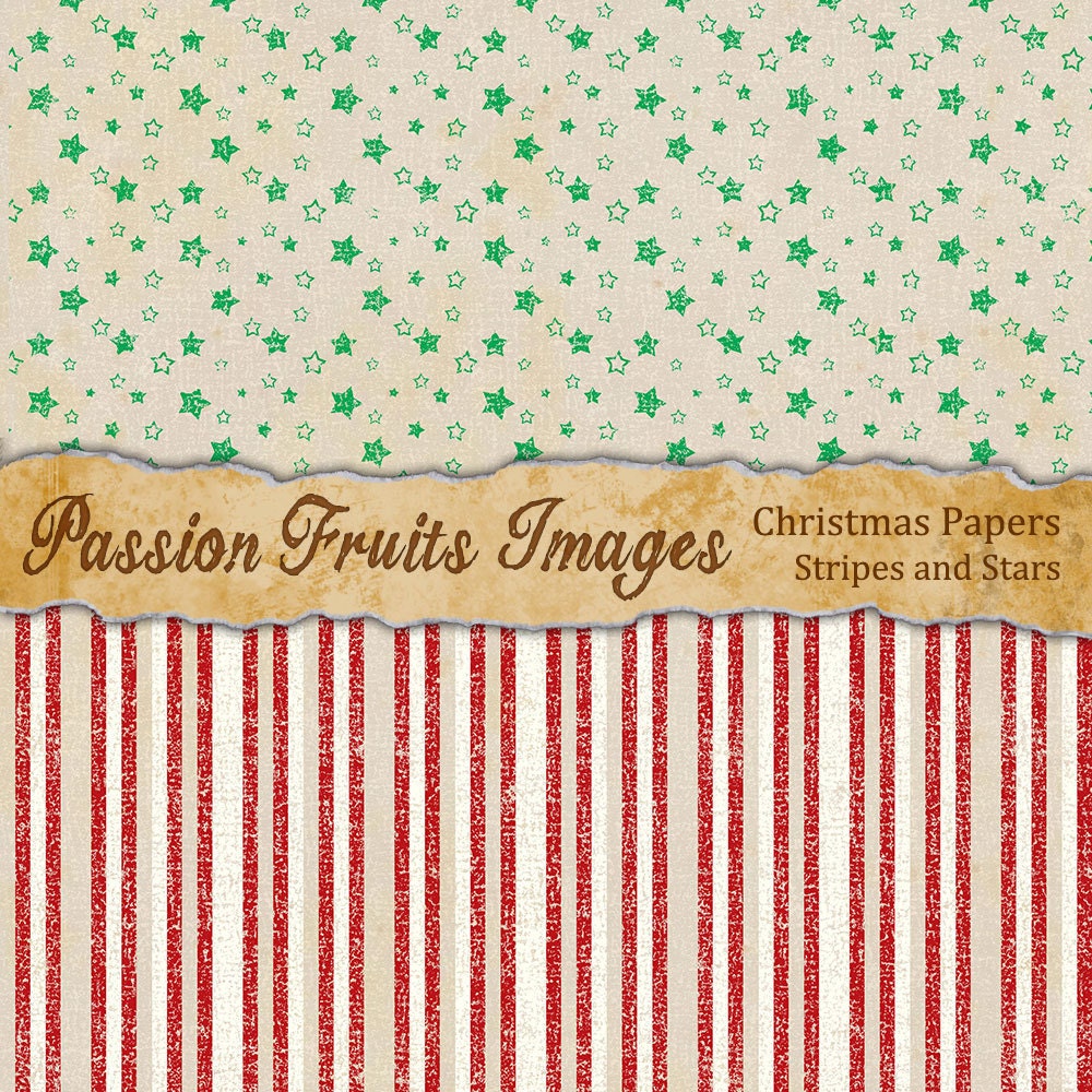 Shabby Chic Christmas Digital Papers- Block Printed Stripes and Stars ...