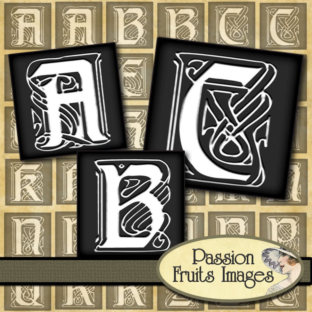 Black and White Gothic Alphabet Monogram Inchies 1 Inch Tiles Digital ...