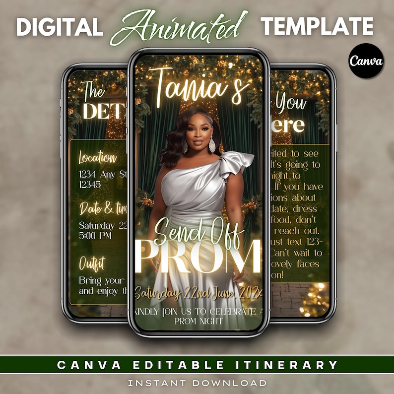 Prom Send off Invitation Template, Green Gold Prom Invite, Animated ...