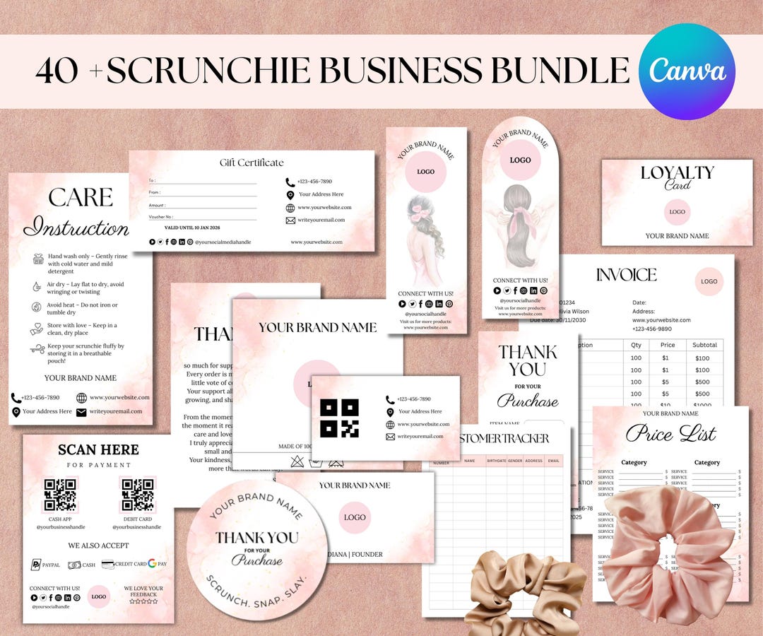 Scrunchie Business Branding Kit: 40+ Editable Canva Templates - Etsy