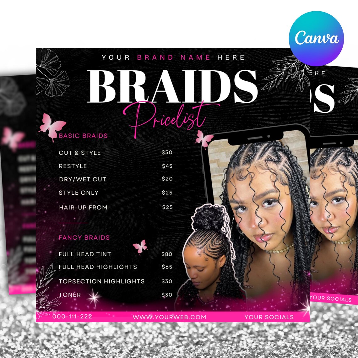 Editable Braids Price List Flyer: Salon Pricelist Canva Template ...