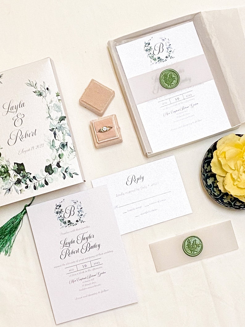 Boxed Wedding Invitation, Ivy Eucalyptus Wreath, Elegant Couture Invite ...