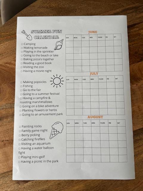 Summer Fun Calendar | Kids Activity Planner | Printable Summer Bucket ...
