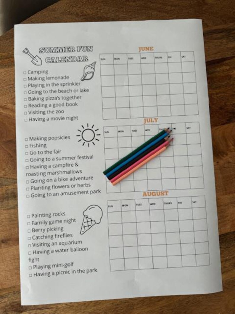 Summer Fun Calendar | Kids Activity Planner | Printable Summer Bucket ...