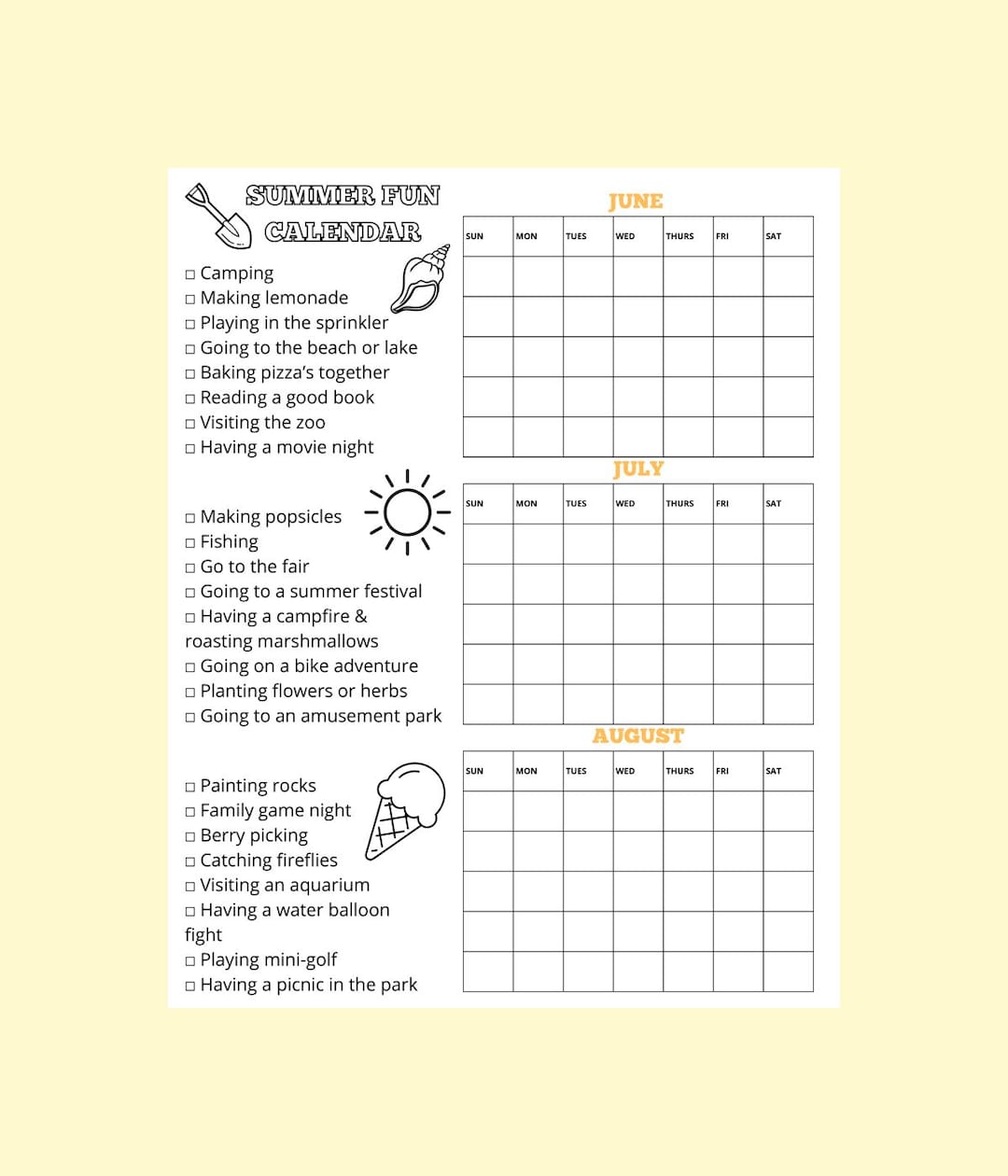 Summer Fun Calendar | Kids Activity Planner | Printable Summer Bucket ...