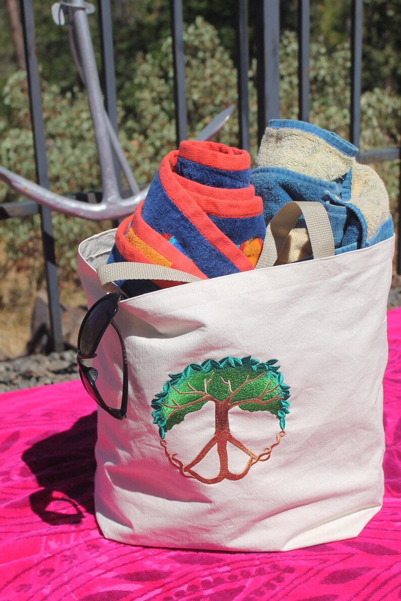 Peace Sign Tree, Tree of Life Embroidered on Canvas Tote Bag Handmade ...