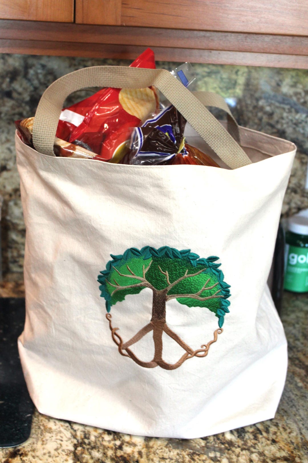 Peace Sign Tree, Tree of Life Embroidered on Canvas Tote Bag Handmade ...
