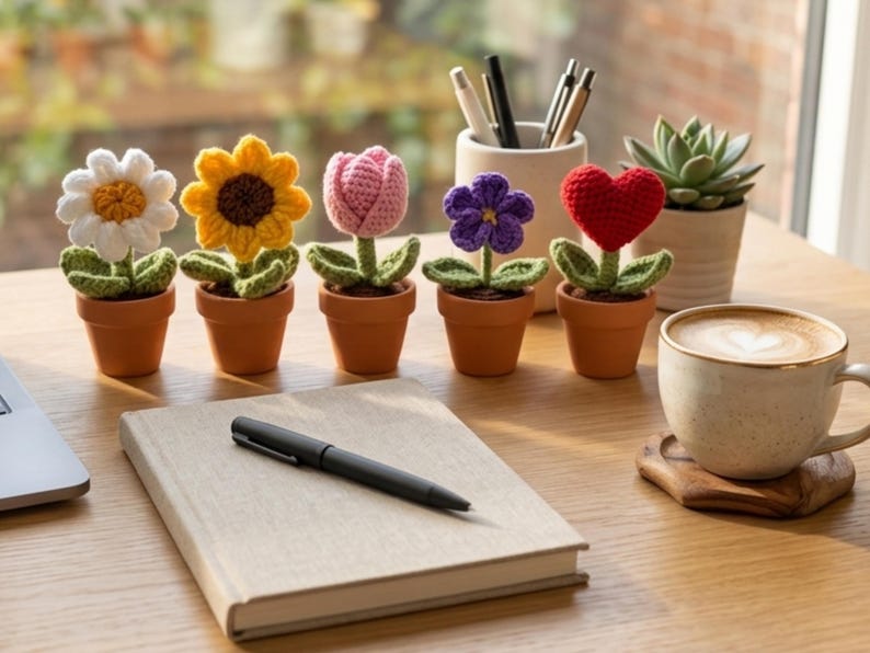 Mini Crochet Flower Pot Patterns Bundle | Daisy, Sunflower, Tulip ...