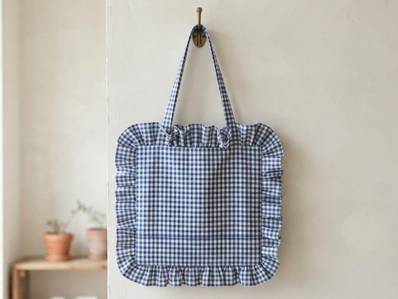 Ruffle Tote Bag Sewing Pattern | Gingham Shoulder Bag, Gathered Edge ...