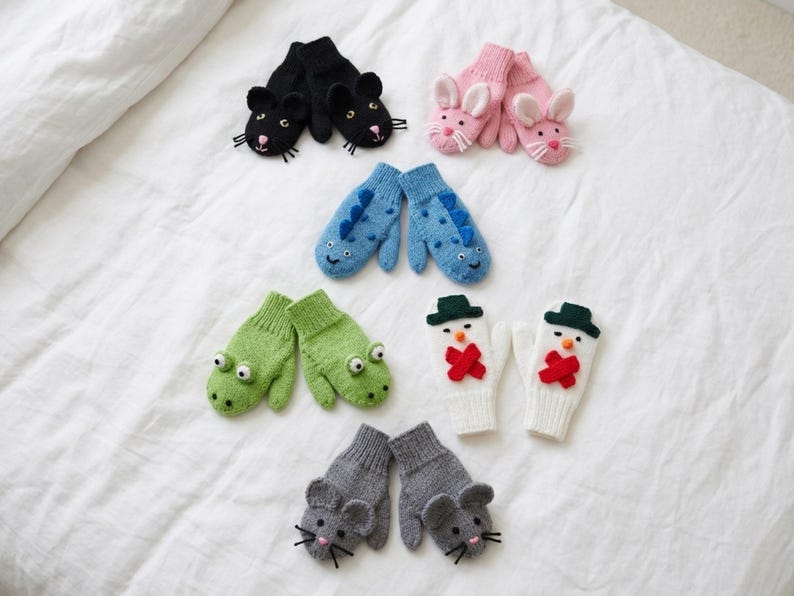 Novelty Animal Mittens Knitting Pattern, Kids Frog Dinosaur Snowman Cat ...