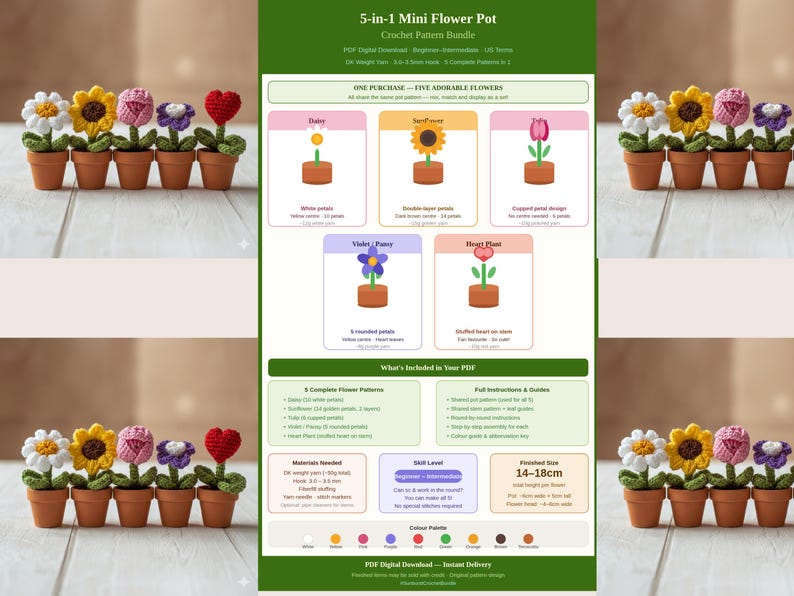 Mini Crochet Flower Pot Patterns Bundle | Daisy, Sunflower, Tulip ...