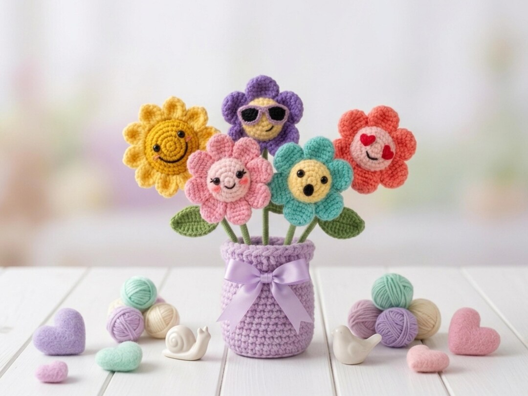 Crochet Flower Bouquet Pattern | 5 Smiley Faces, Amigurumi Vase ...