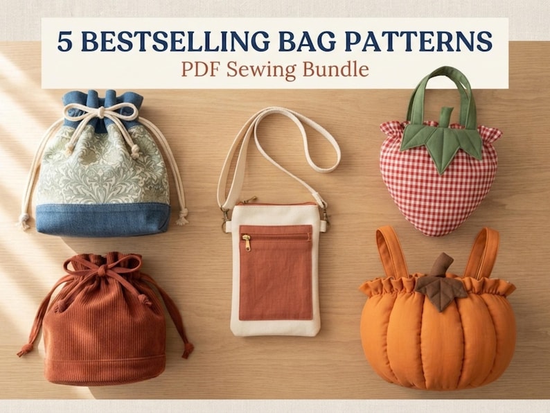 5-piece Bag Sewing Pattern Bundle, Ruffled Strawberry, Pumpkin Tote ...