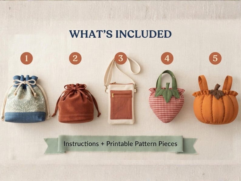 5-piece Bag Sewing Pattern Bundle, Ruffled Strawberry, Pumpkin Tote ...