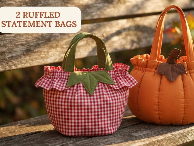 5-piece Bag Sewing Pattern Bundle, Ruffled Strawberry, Pumpkin Tote ...