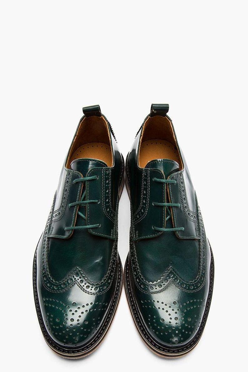 Handmade Green Leather Brogue Oxford Shoes | Classic Wingtip Dress ...