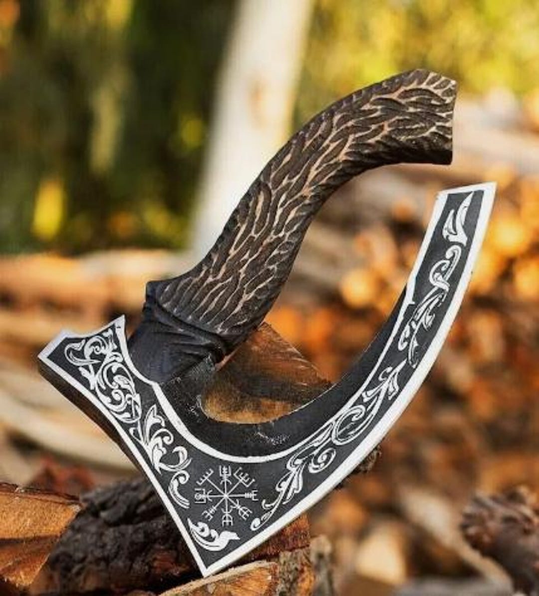 Handcrafted Viking-inspired Curve Blade Axe With Nordic Runes & Antler ...