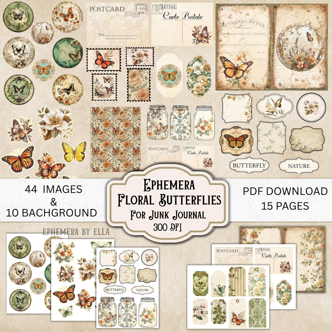 Vintage Floral Butterfly Ephemera | Vintage Printable Junk Journal Kit ...