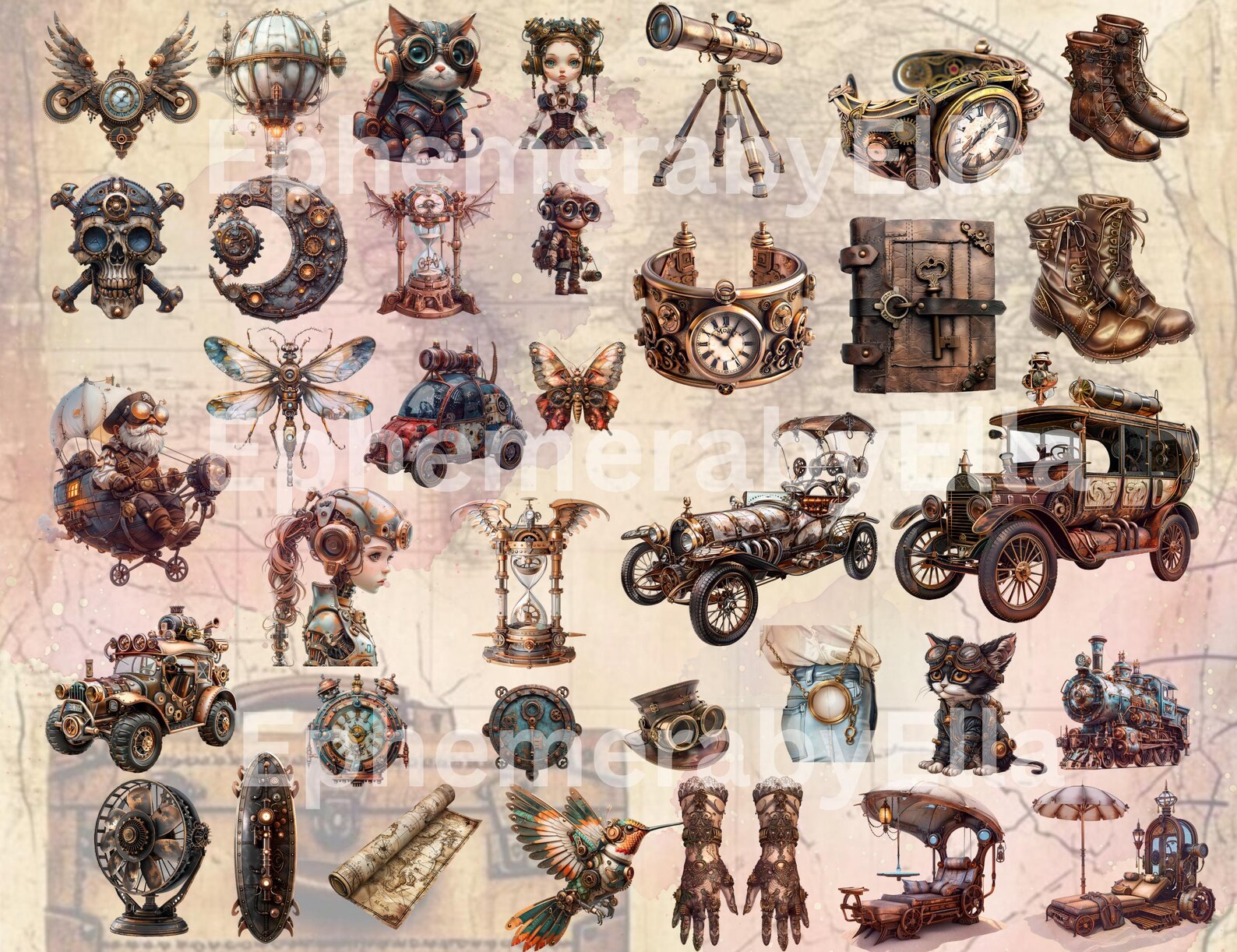 Vintage Steampunk Ephemera Bundle - Printable Junk Journal Kit, Digital ...