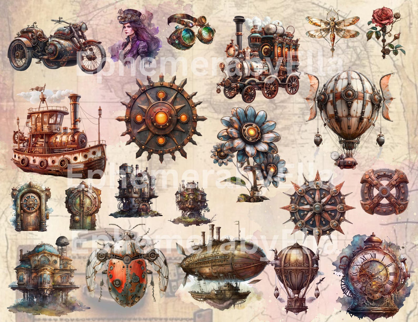 Vintage Steampunk Ephemera Bundle - Printable Junk Journal Kit, Digital ...